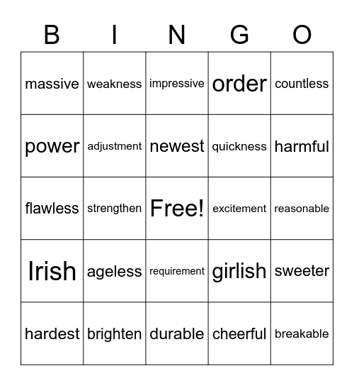 SUFFIX BINGO Card