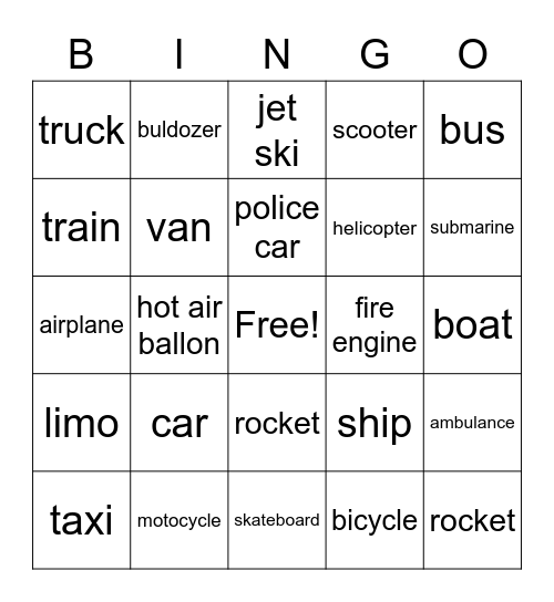 means of transport Bingo Card