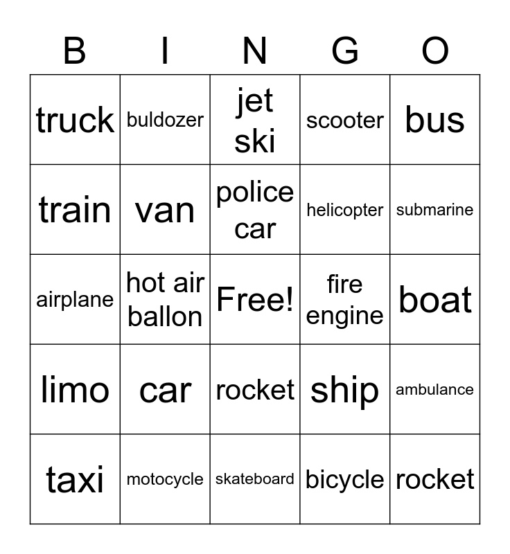 means of transport Bingo Card