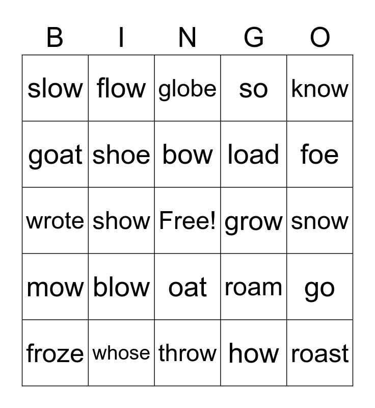 Long O Patterns Bingo Card