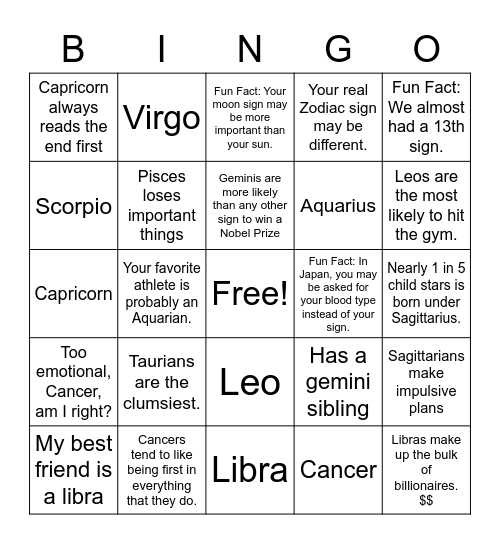 Zodiac Bingo Card