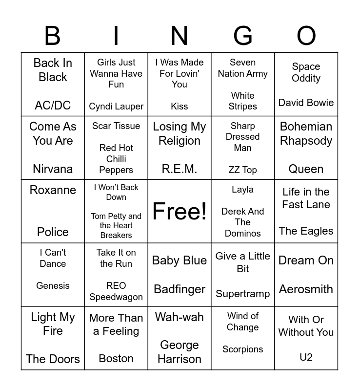 Music Bingo Rock 2 Bingo Card