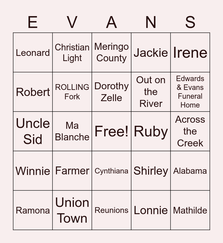Evans Bingo Card