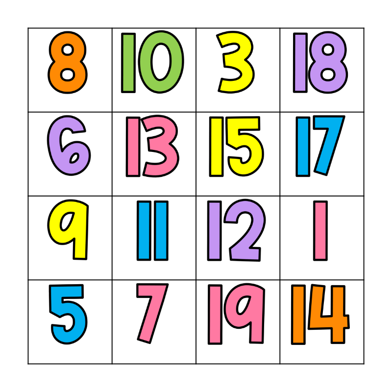 Numbers 1 - 20 Bingo Card