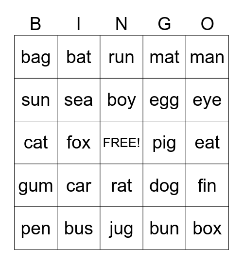 3 Letter Words Bingo Card