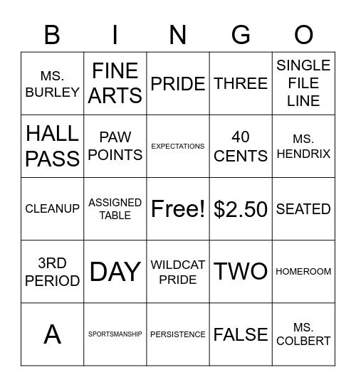 Duluth Middle School PBIS Bingo Card
