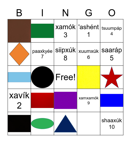Numbers and Colors Bingo Card