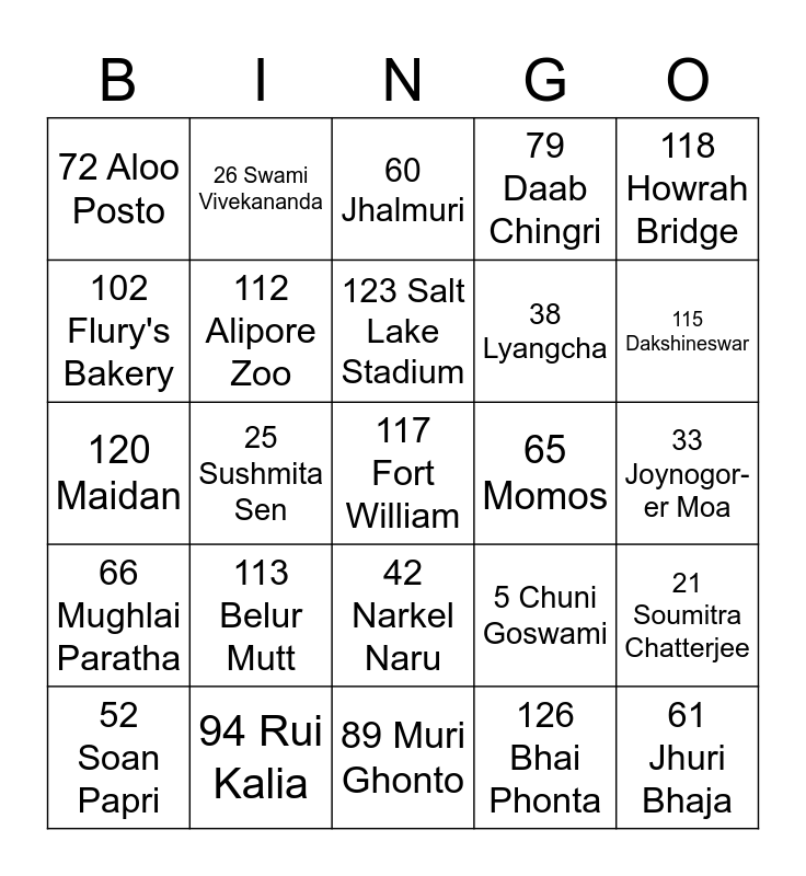 Bengal Tiger Bingo Card