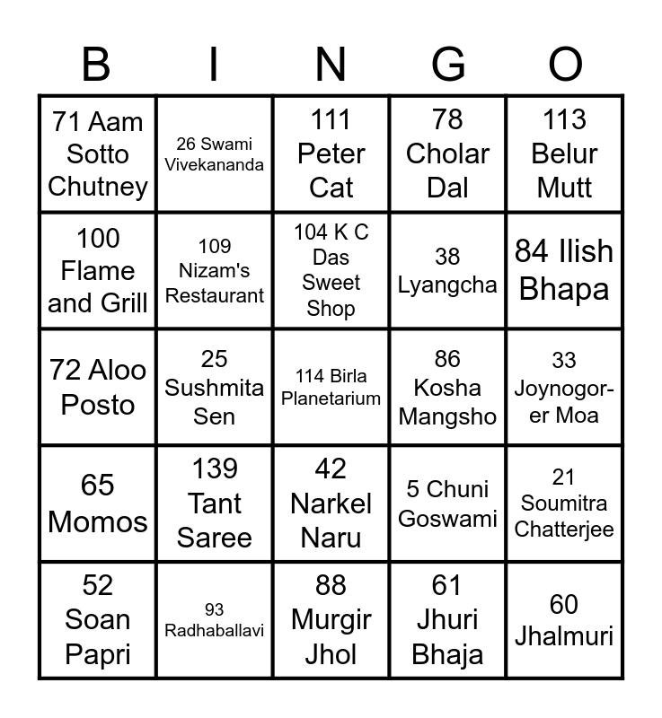 Bengal Tiger Bingo Card