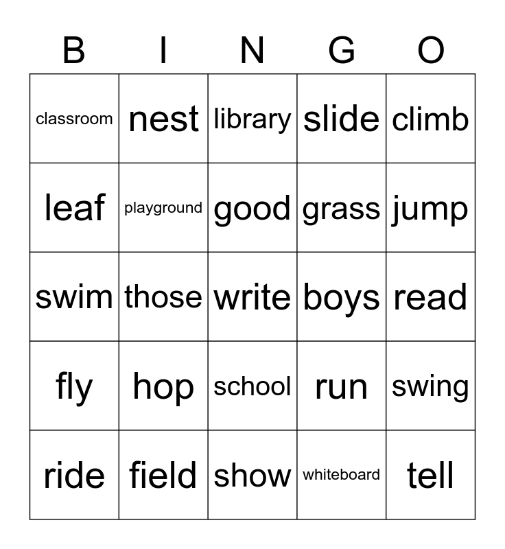 English Words Bingo Card