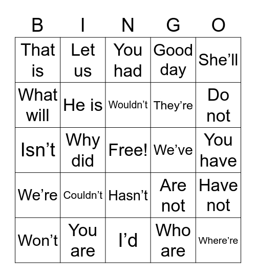 Contractions Bingo Card