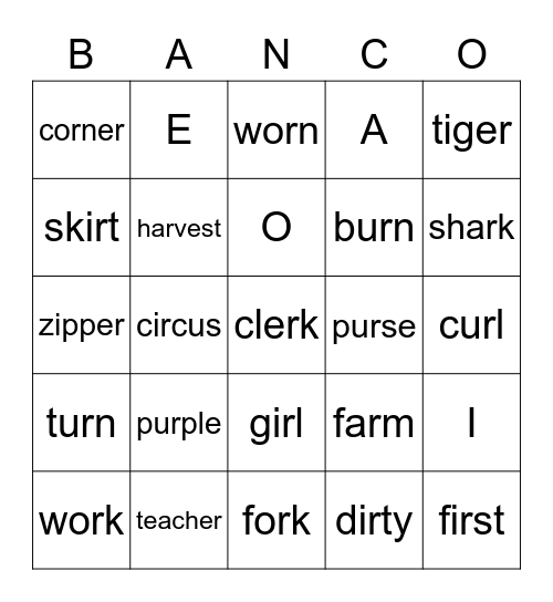 R - controlled vowel (bossy R) BINGO Card
