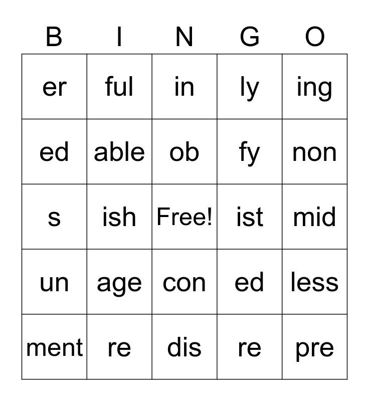 Morphology Bingo Card