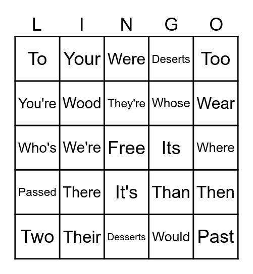 Commonly Misused Words Bingo Card