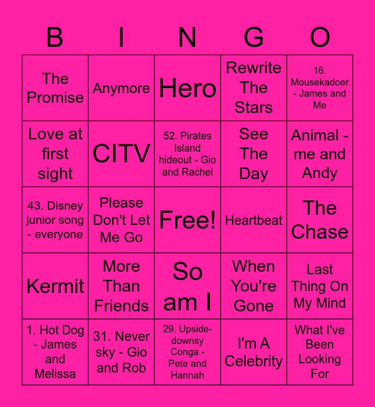 Pink - Katy Bingo Card