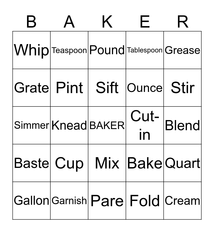 Baker Bingo Card