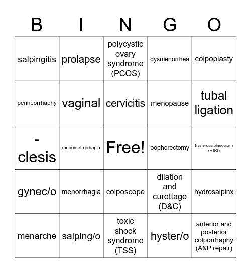Chapter 8 | Female Reproductive System Bingo Card
