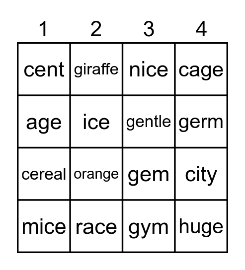 Soft C and G Bingo Card