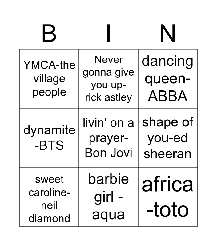 music bingo Card