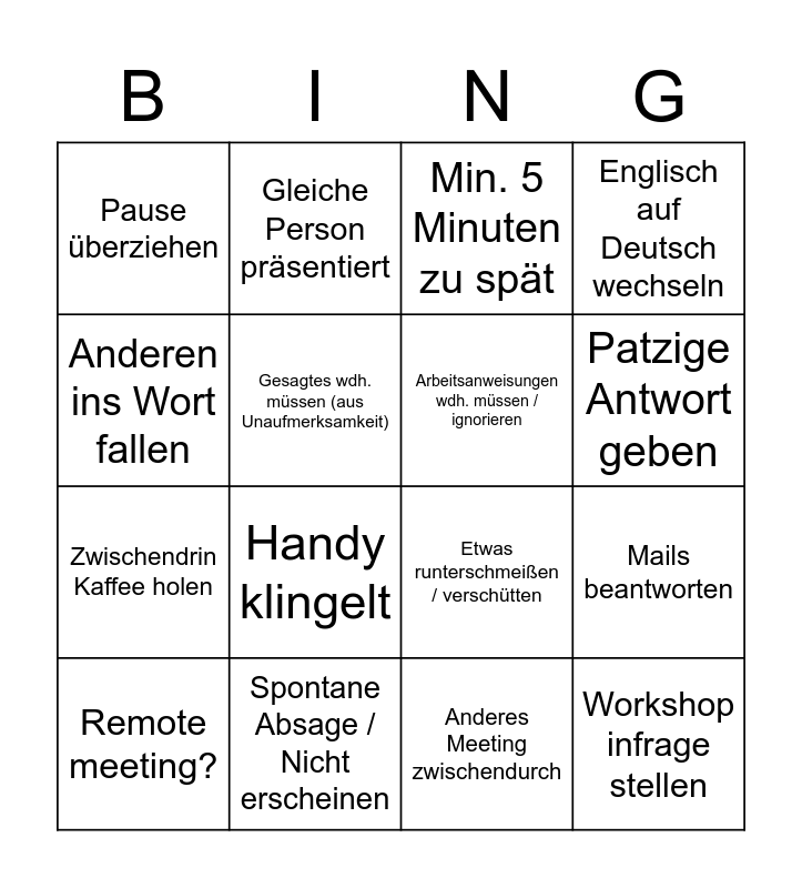 Scrum Workshop Bingo Card