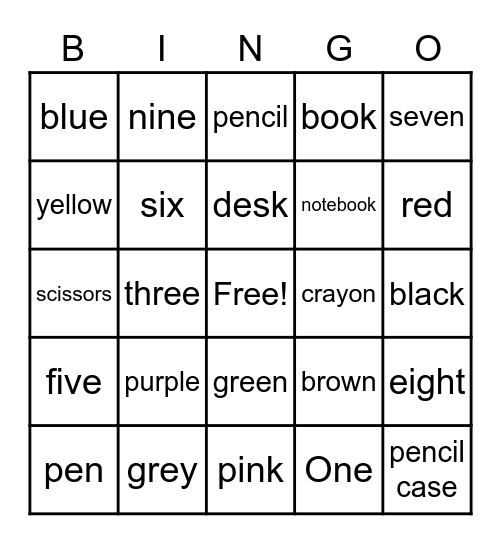 Mix of colours, numbers & classroom objects Bingo Card
