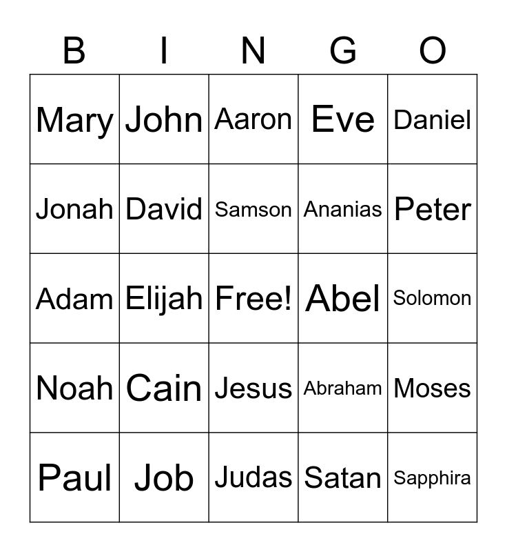 Bible Character Bingo Card