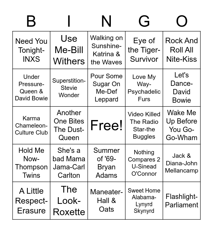 BINGO-70s/80s Bingo Card