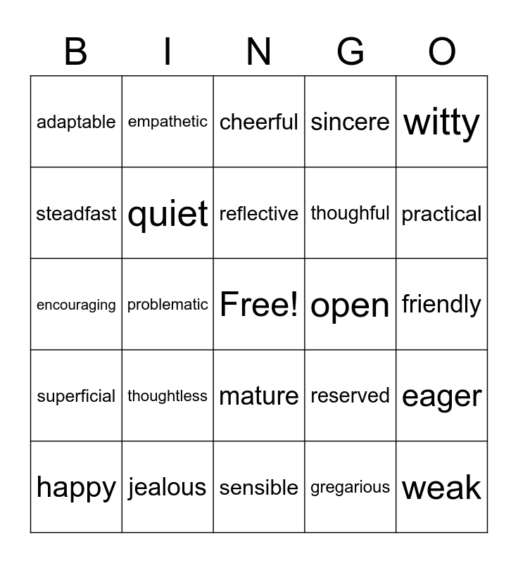 ADJECTIVES TO DESCRIBE PERSONALITY TRAITS Bingo Card