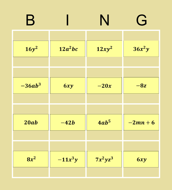 Math Bing Bingo Card