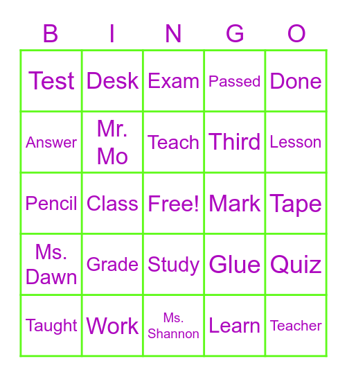 Spelling Word Bingo Card