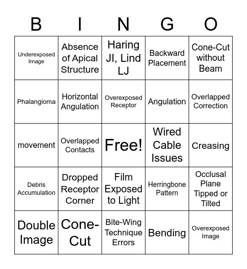 Exposure and Technique Errors Bingo Card