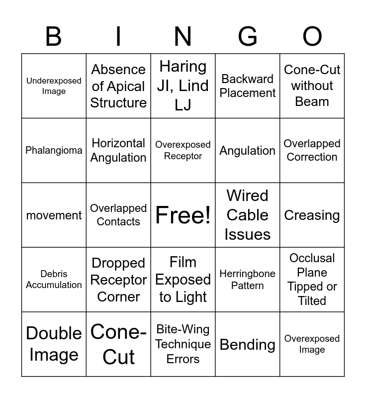 Exposure and Technique Errors Bingo Card
