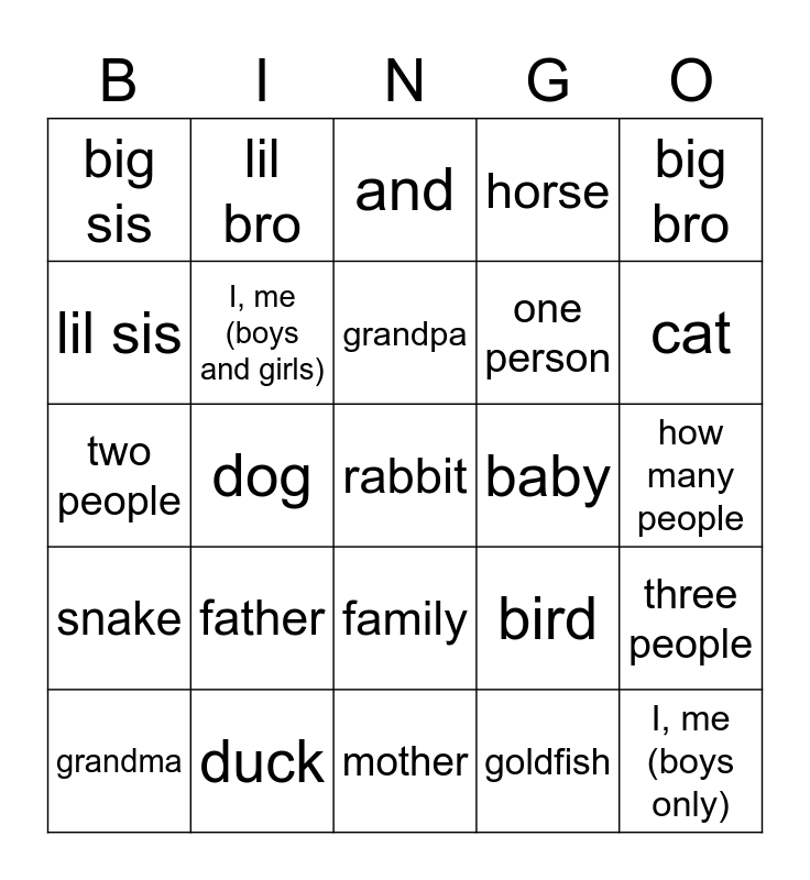 Year 7 - かぞく Bingo Card