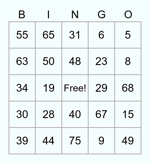Number Bingo 1-75 Bingo Card