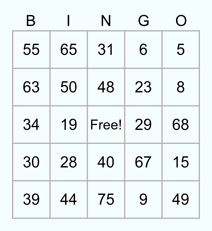 Number Bingo 1-75 Bingo Card