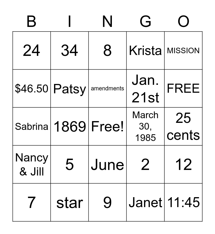 PEO Yearbook Bingo Card