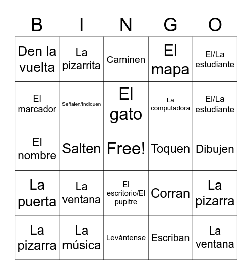 Spanish Week 1 TPR Vocab Bingo Card