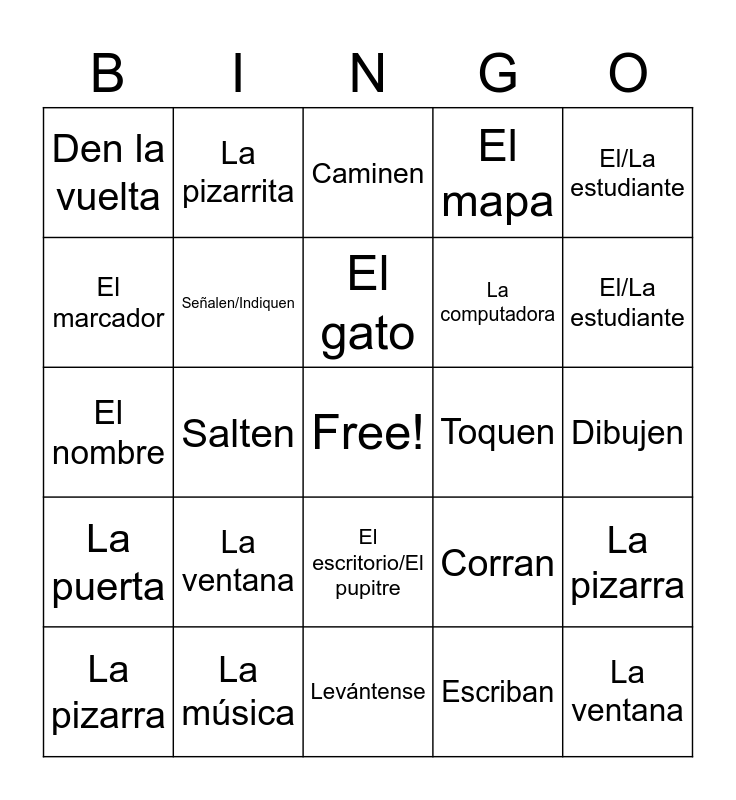 Spanish Week 1 TPR Vocab Bingo Card