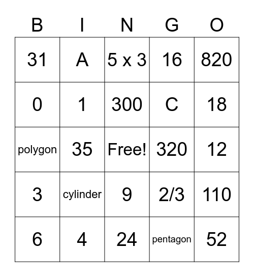 Math Review Bingo Card