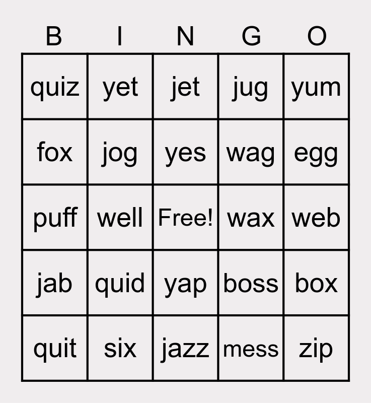 Minilit Lesson 20-22 Bingo Card