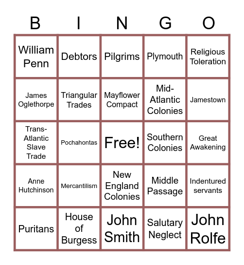 US History Standards 1 2 Bingo Card