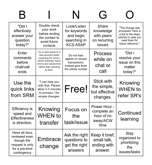 Efficiency Bingo Card