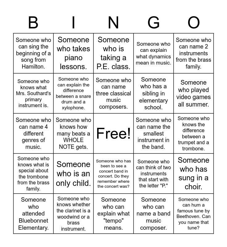 Band Class Bingo! Bingo Card