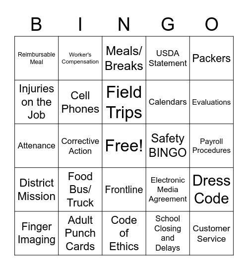 Food Service BINGO 2022 -2023 Bingo Card