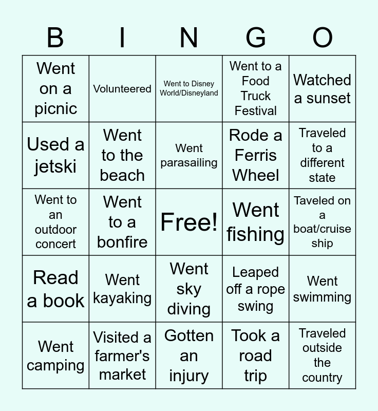 End of Summer Bingo Card