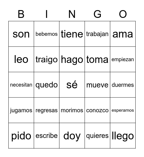 Present Tense Verbs Bingo Card