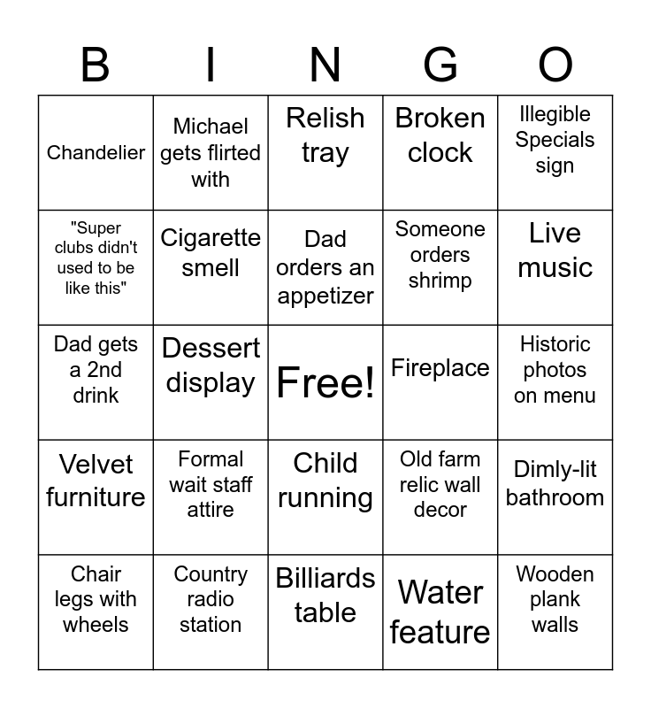 Supper Club Bingo Card