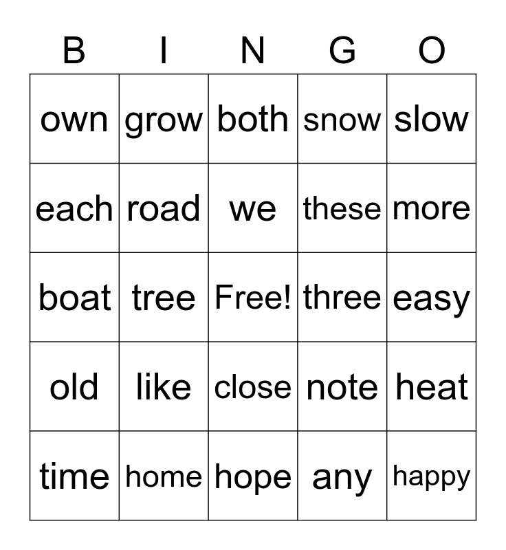 Long e and Long o Bingo Card