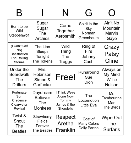 60s Music Bingo Card