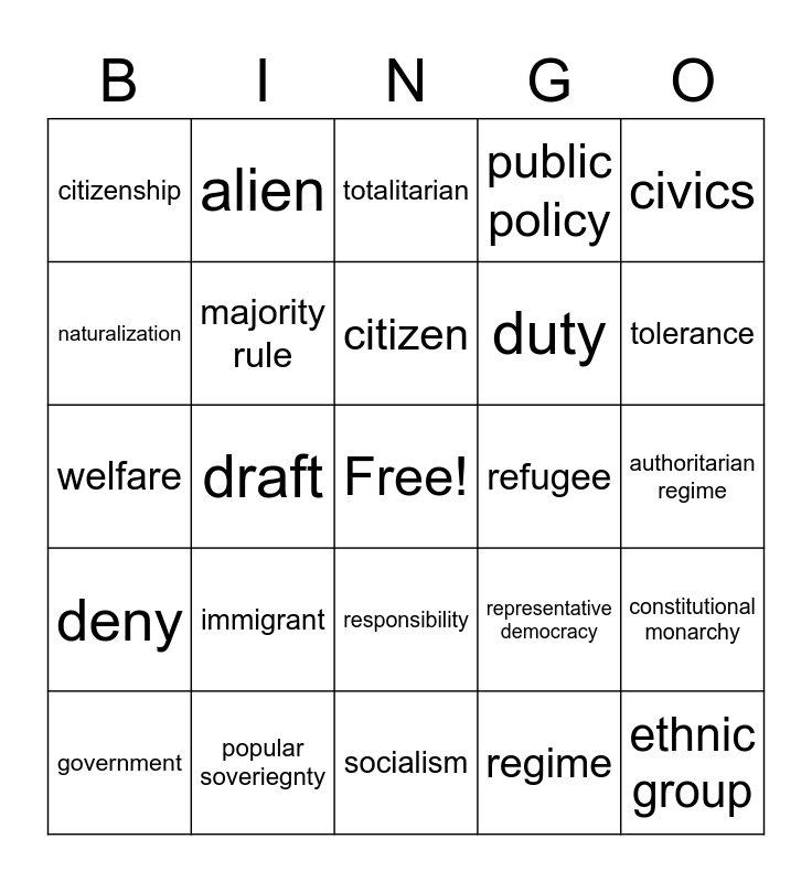 U.S. Citizenship Bingo Card